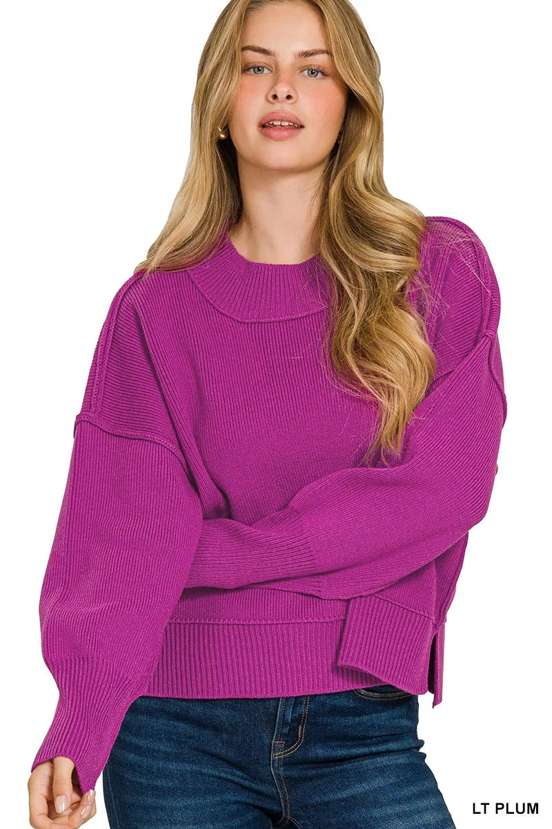 Zenana Wide Neck Band Drop Shoulder Sweater In Light Plum – AddiBray