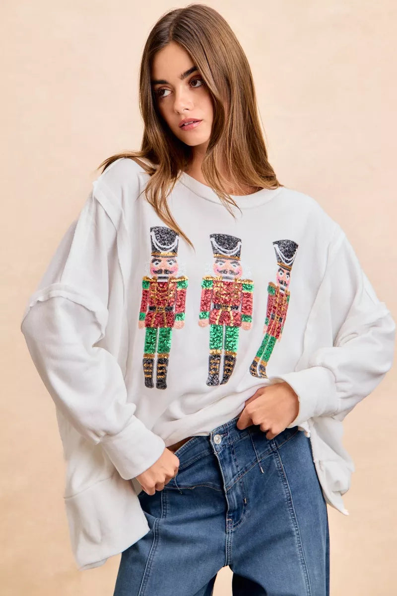BiBi Christmas Sequin Nutcrackers Embroidery Sweatshirt In Off White ...