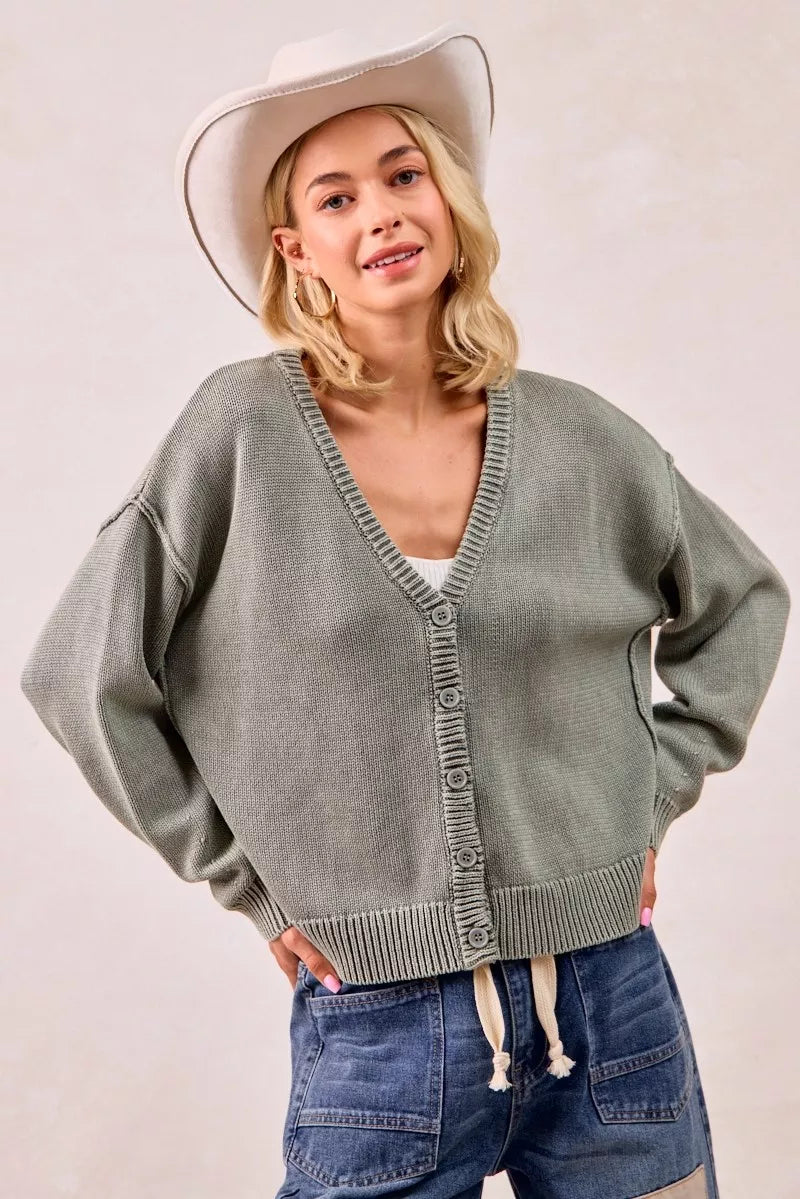 BiBi Washed Sweater V Neck Cardigan In Vintage Olive – AddiBray