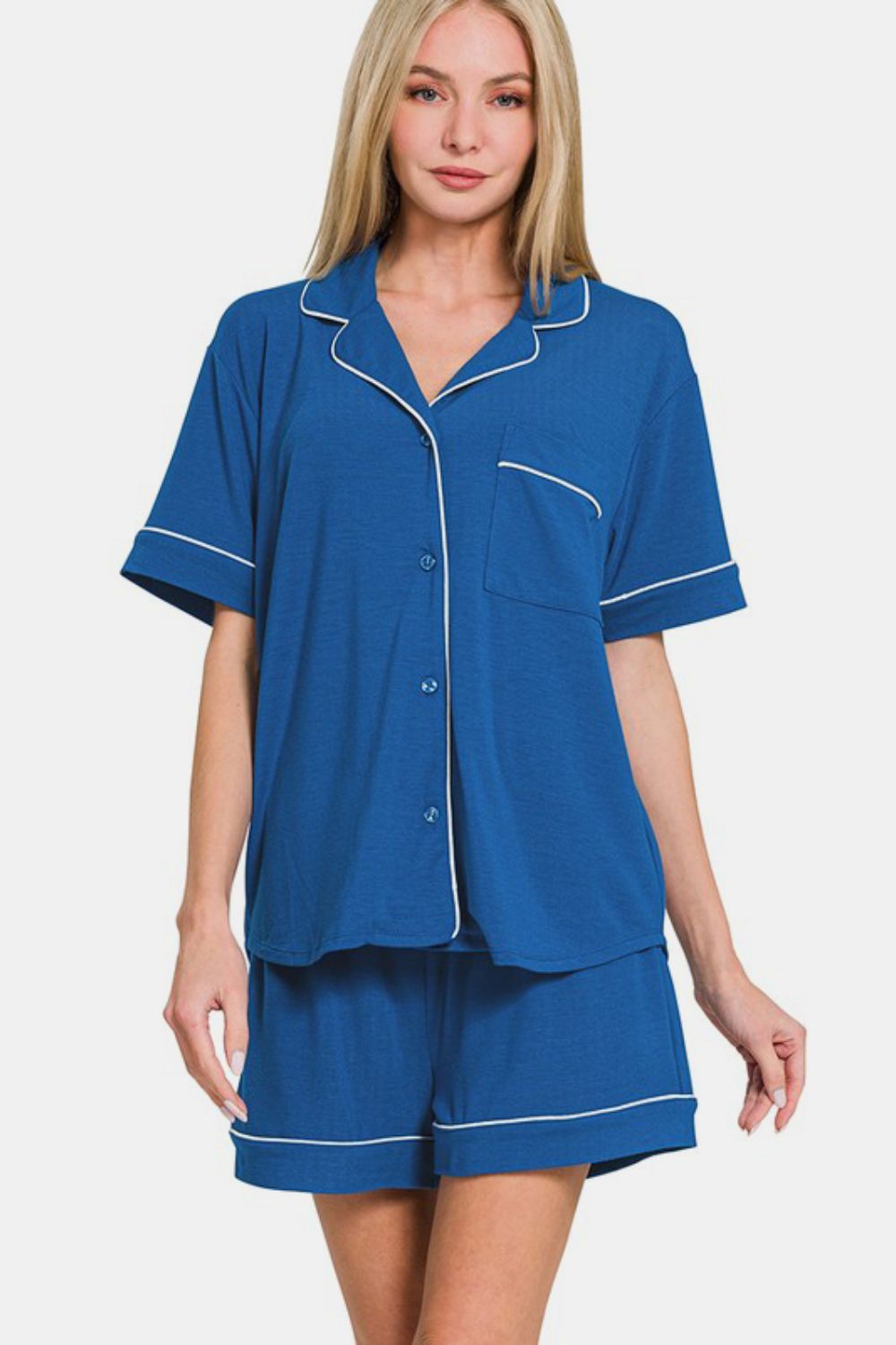 Zenana Button Down Top and Shorts Lounge Set In Classic Blue – AddiBray