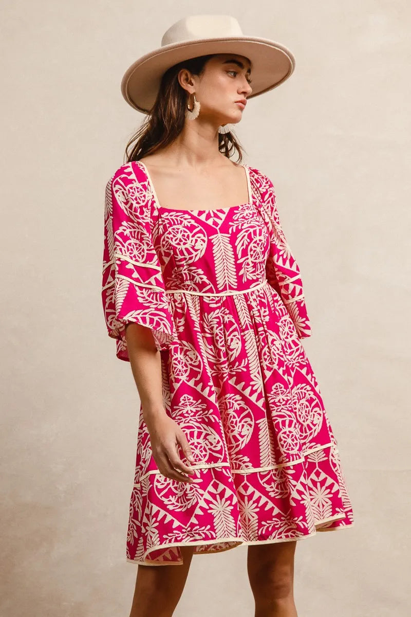 BiBi Aztec Woven Printed Contrast Binding Dress In Fuchsia – AddiBray