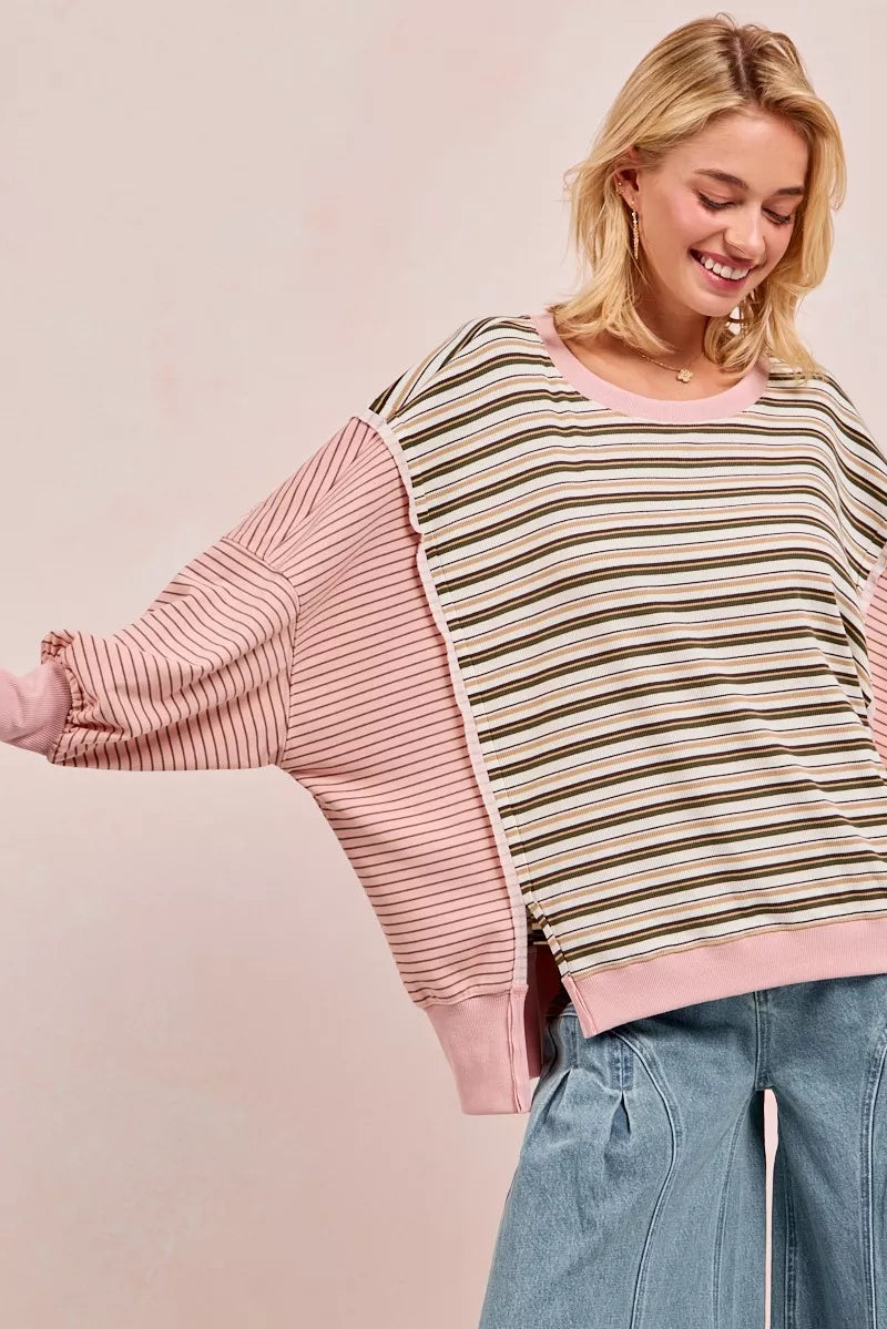 BiBi Stripe Mixed Top With Cut Edge And Reverse Outer Seams In Oatmeal ...