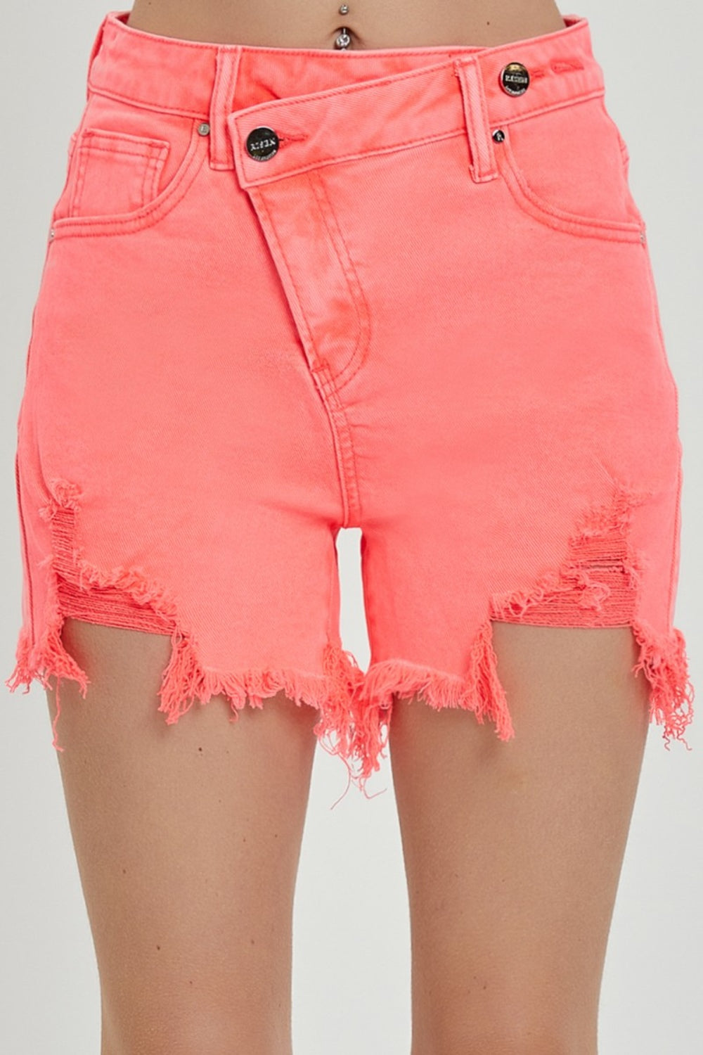 RISEN Asymmetrical Waist Denim Shorts in Coral – AddiBray
