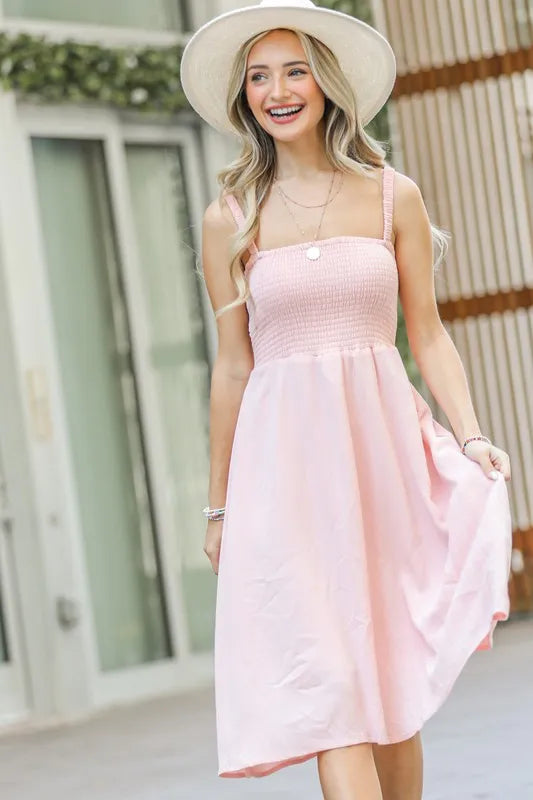 And The Why Smocking Open-Back Sleeveless Midi Dress In Pale Pink ...