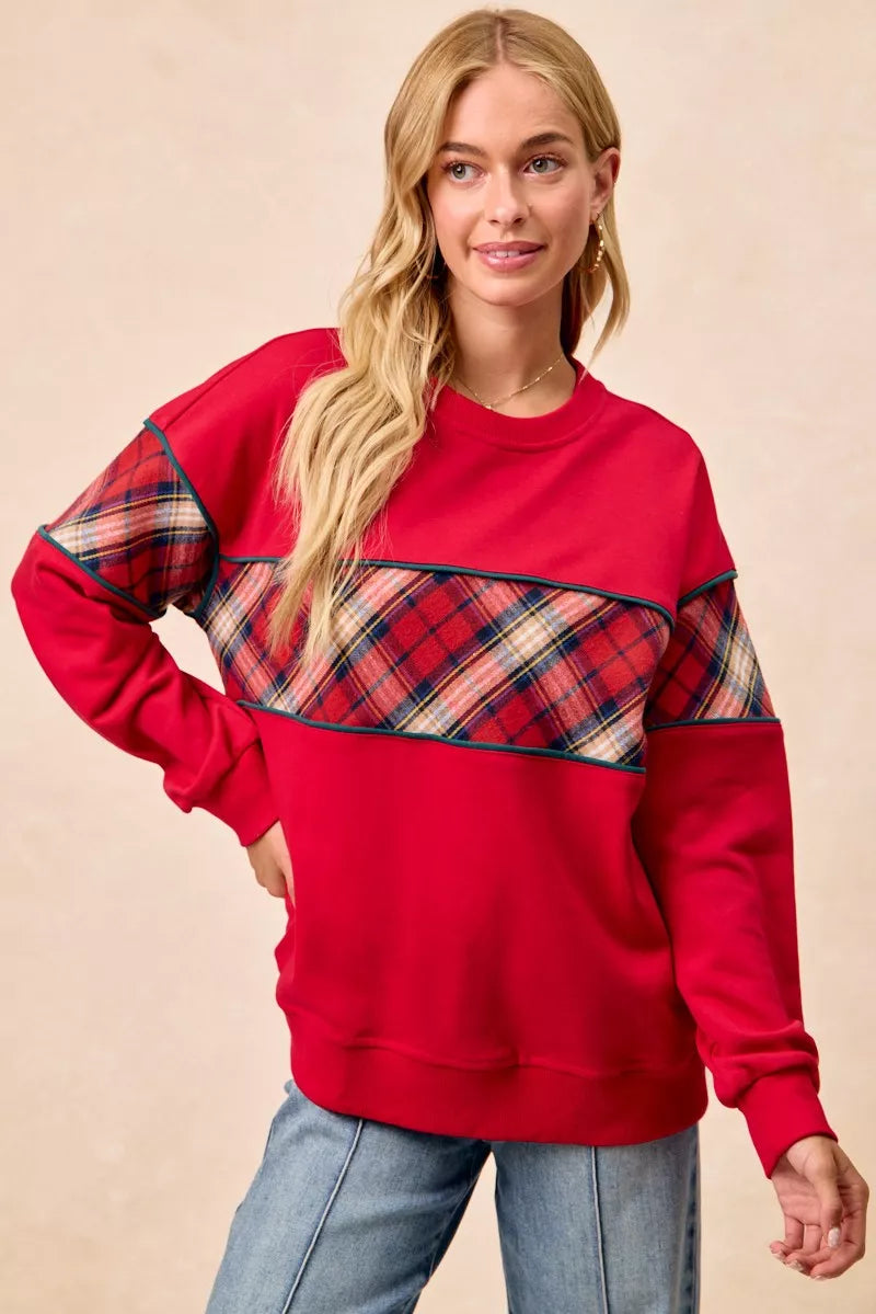 BiBi Christmas Theme Plaid Block Sweatshirt with Binding In Red – AddiBray