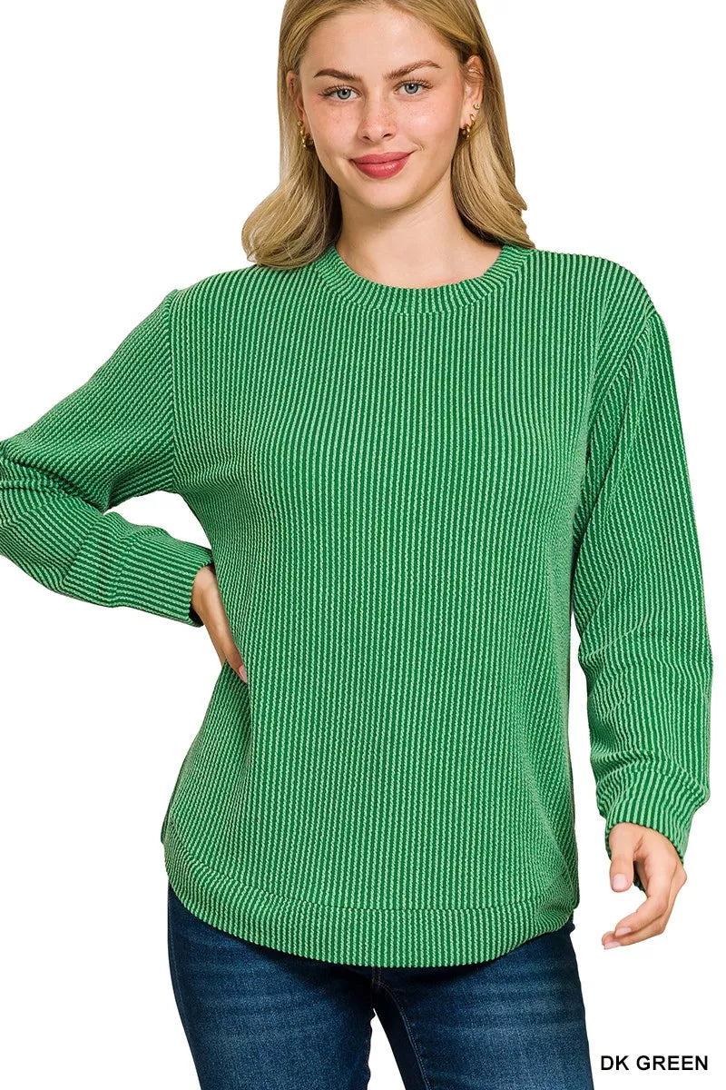 Zenana Raised Rib Round Neck Long Sleeve Top In DK Green – AddiBray