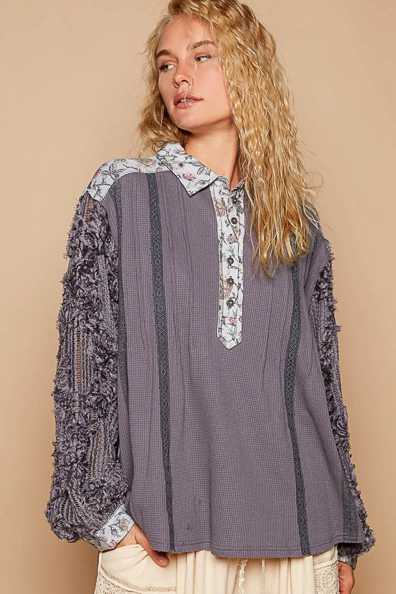 POL Floral Half Button Lace Detail Long Sleeve Top In Dark Gray – AddiBray
